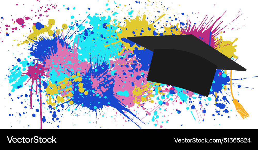 Banner with graduation cap and rainbow splashes Vector Image
