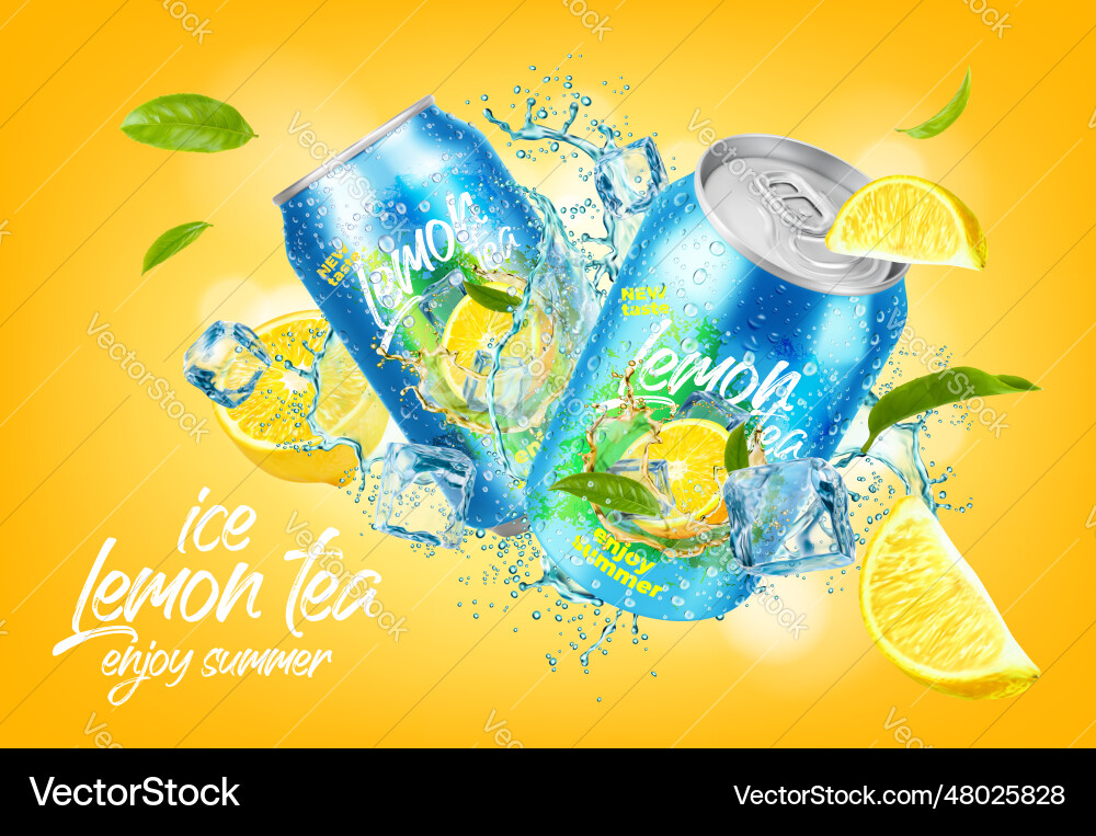 Ice lemon tea can and cubes drink splash with Vector Image