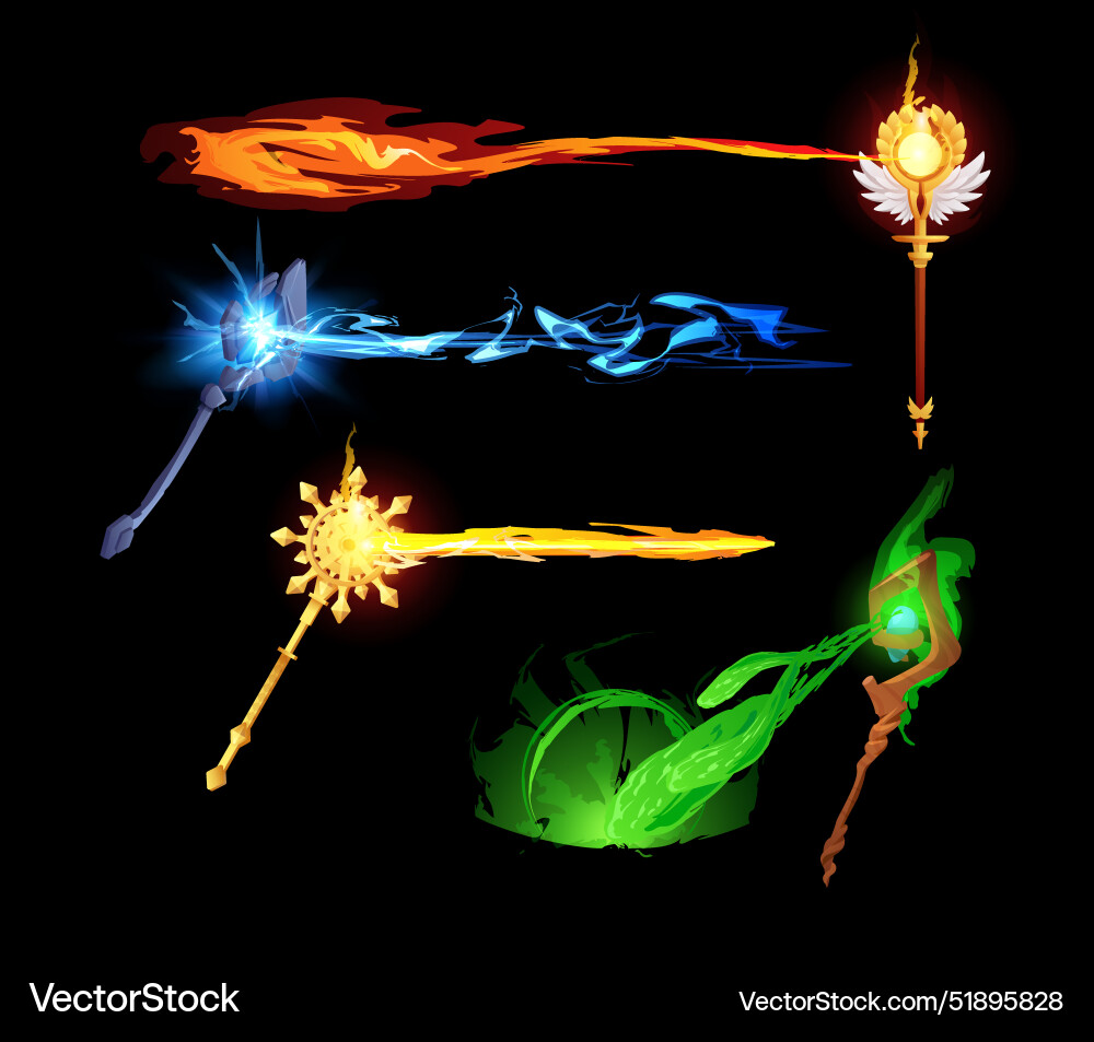 Magic wands and staffs with light effect realistic