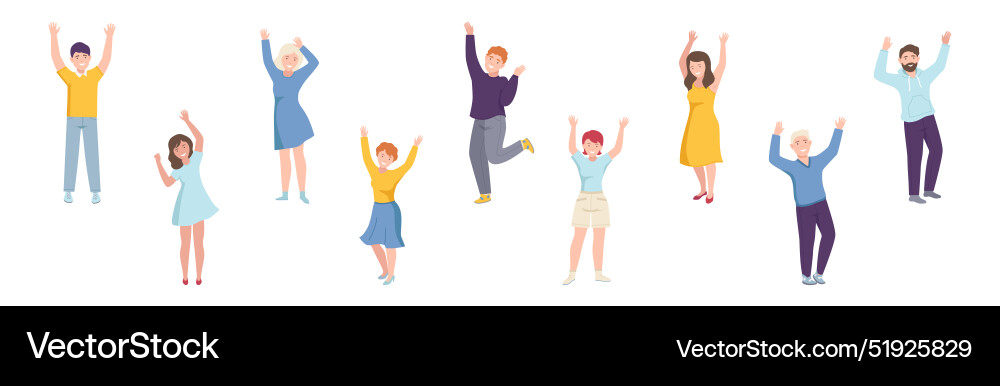 Happy people character standing with raised hands Vector Image