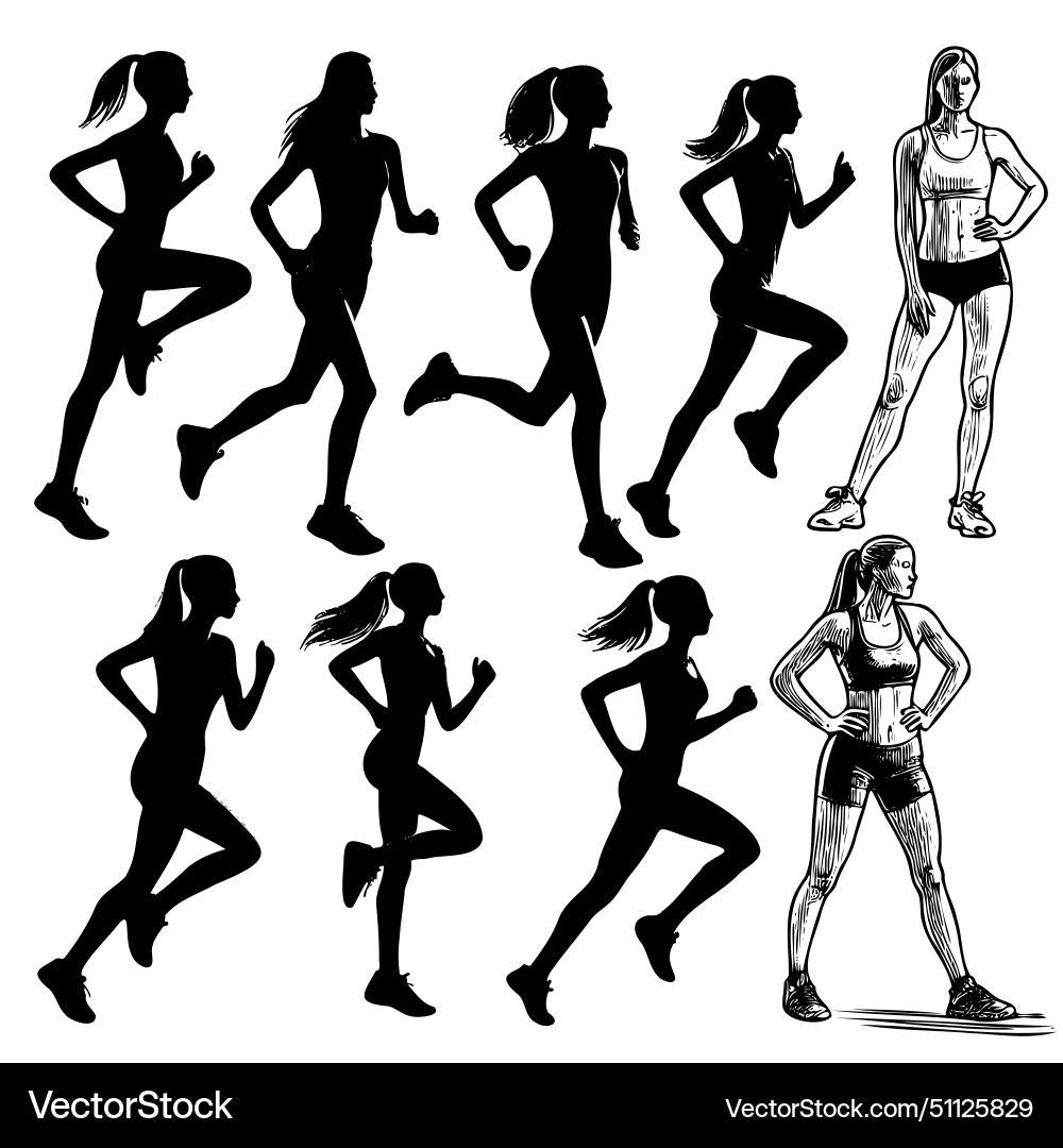 Series of silhouettes women running Royalty Free Vector