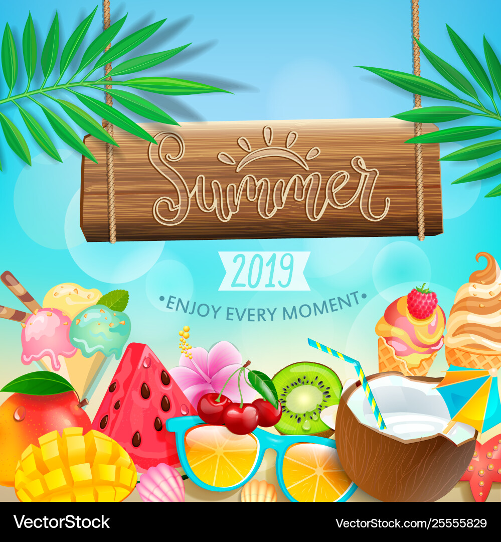 Summer 2019 greeting card on tropical background Vector Image