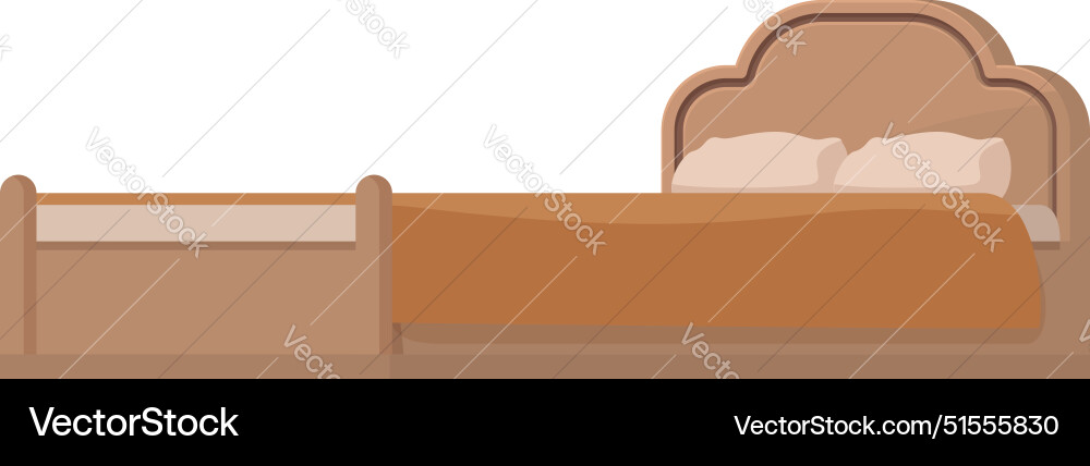 Big double bed with wooden frame and pillows is Vector Image