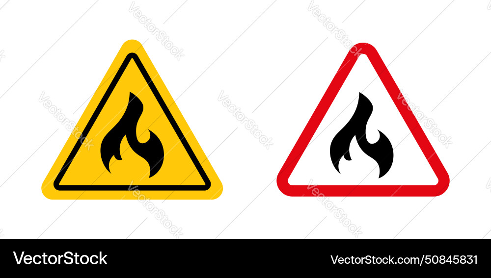 Fire warning sign icon set yellow triangle alert Vector Image