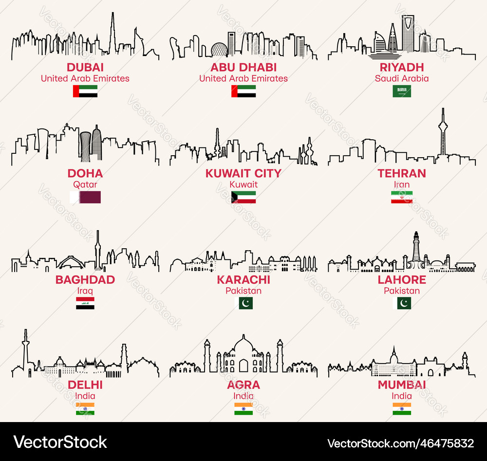 Asian cities outline skylines set Royalty Free Vector Image