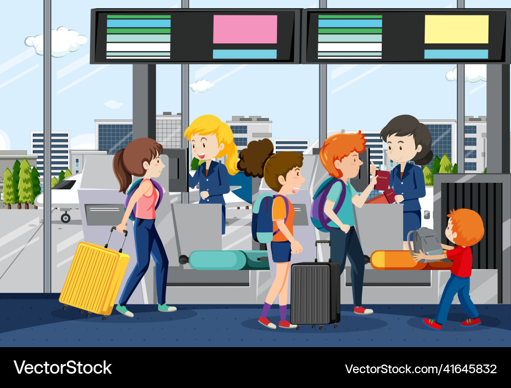 Passengers with luggage at check-in counters Vector Image