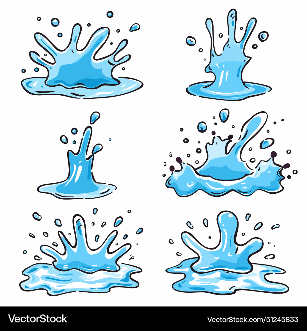 Blue water splash cartoon set different Royalty Free Vector