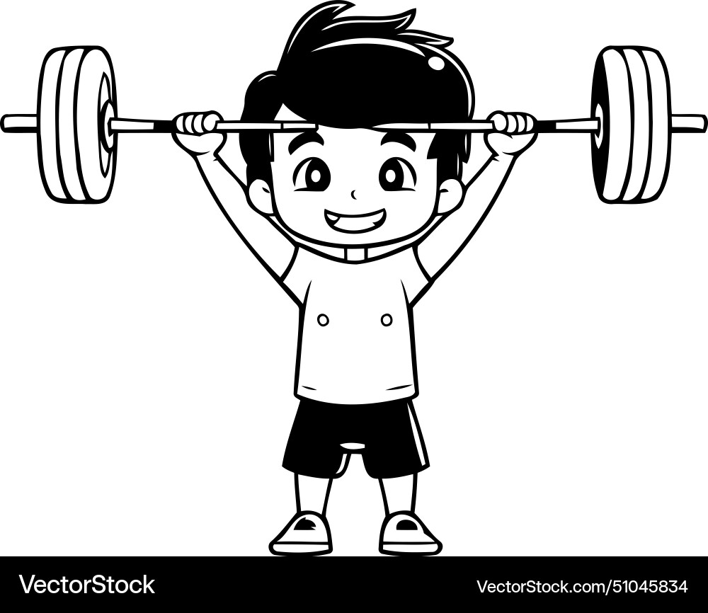 Cartoon boy lifting a barbell on white background Vector Image