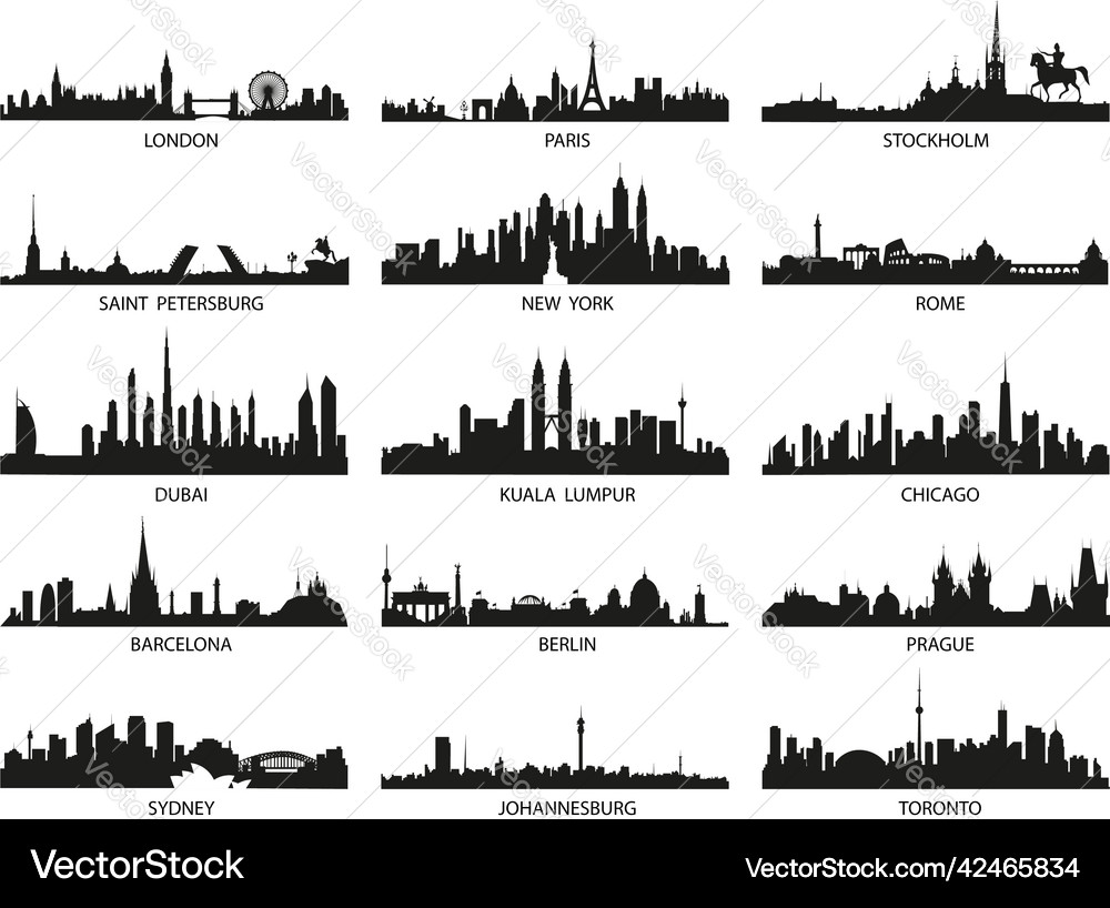 Silhouettes of the worlds city skylines Royalty Free Vector