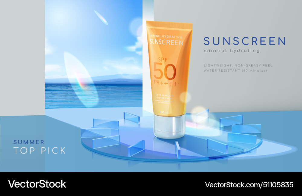 3d summer beach scene sunscreen ad Royalty Free Vector Image