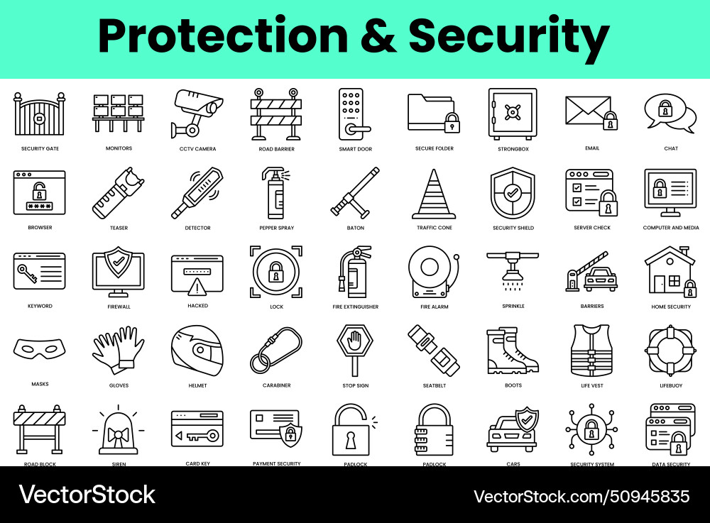 Set of protection and security icons linear style Vector Image