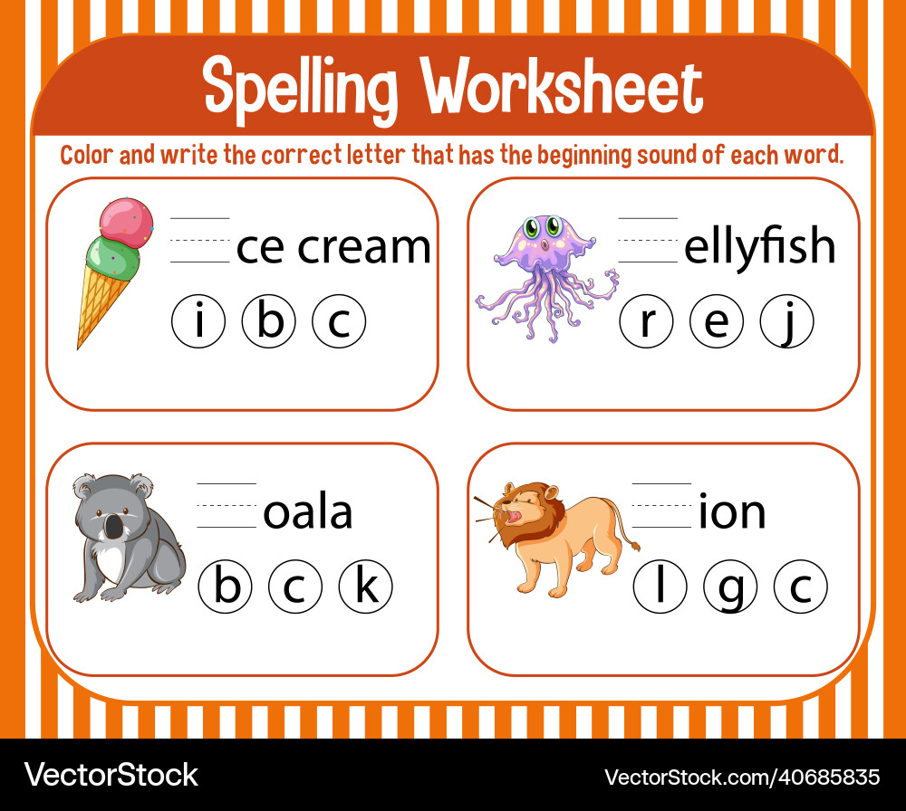 Spelling worksheet template for kids Royalty Free Vector