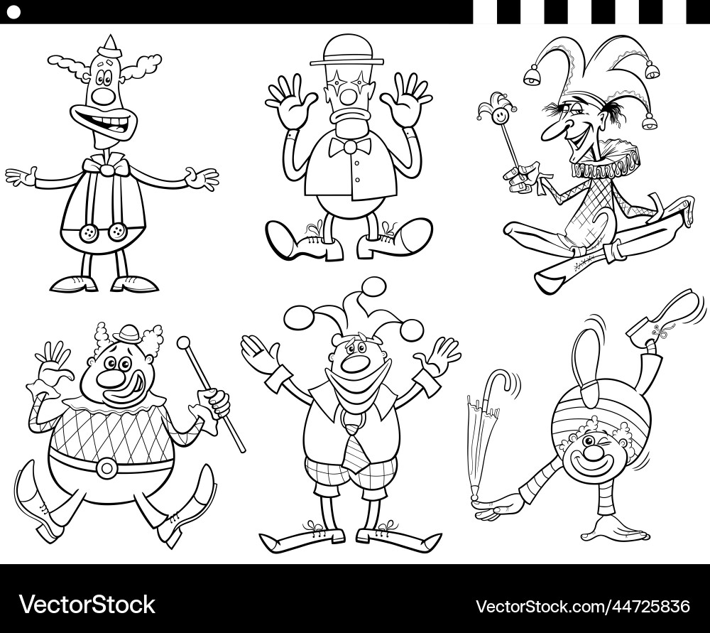 Cartoon clowns comic characters set coloring page Vector Image