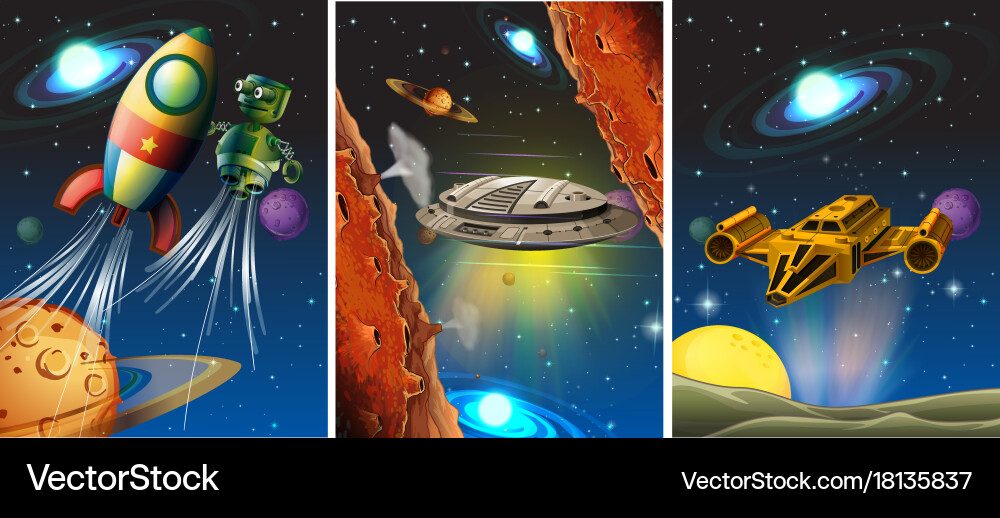 Three scenes with spaceship and robot in space Vector Image