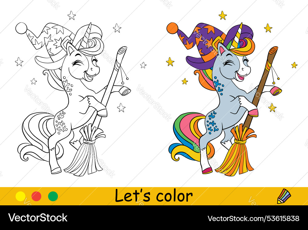 Cute Witch Unicorn Coloring Page Royalty Free Vector Image