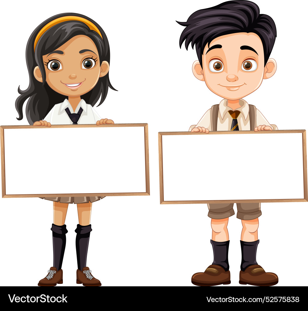Two children holding blank signs smiling Vector Image