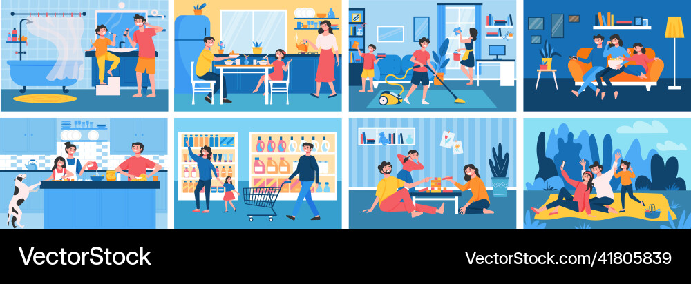Family routine set Royalty Free Vector Image - VectorStock