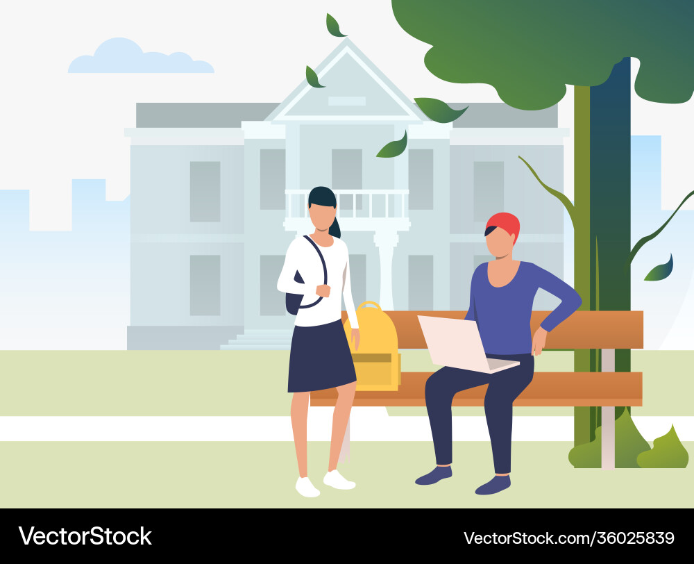 Students studying and chatting in campus park Vector Image