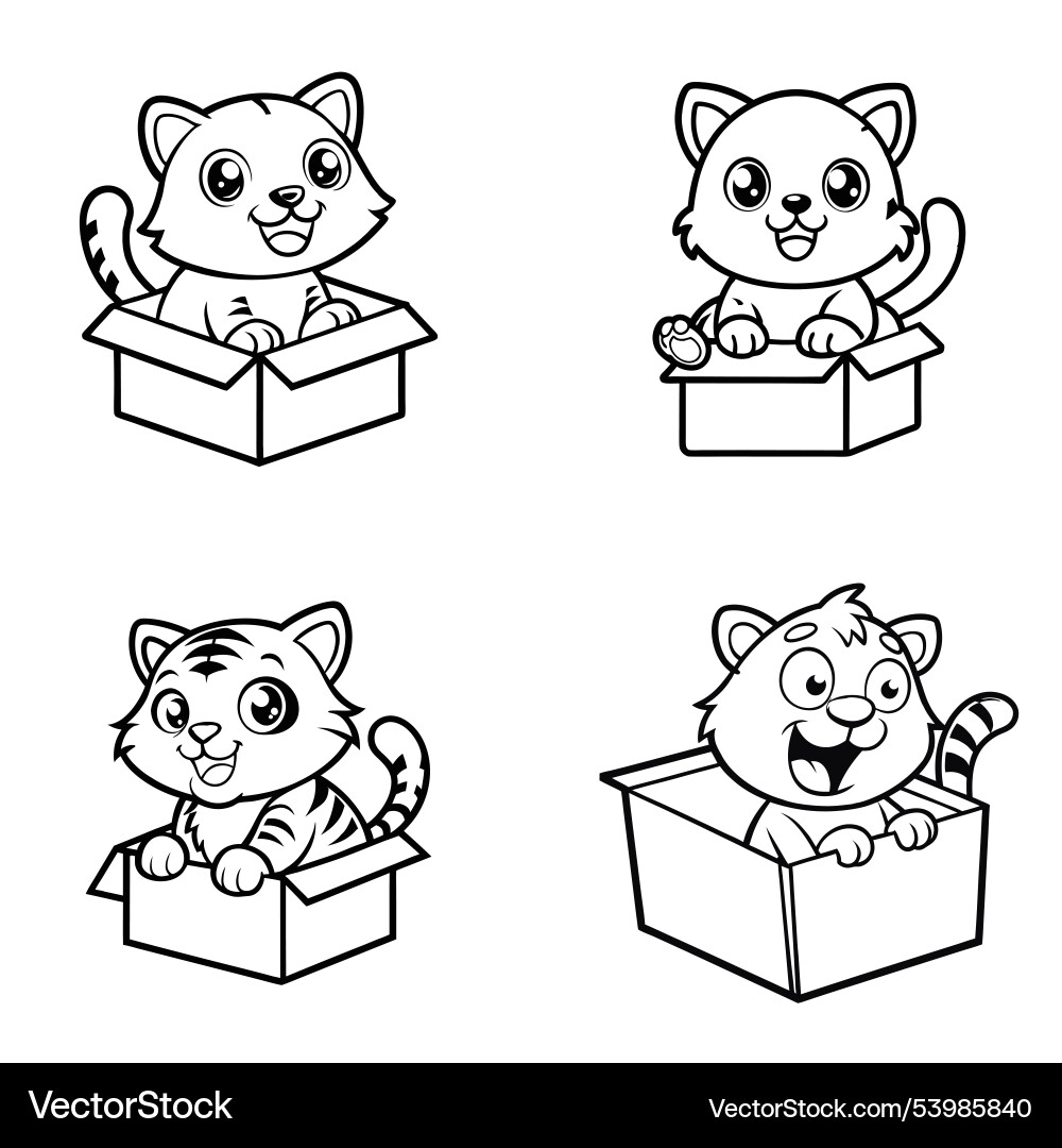 Cute tiger playing in box cartoon bundle 1 Vector Image