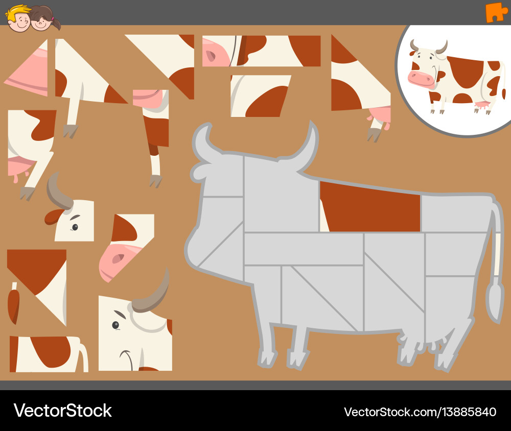 Jigsaw puzzle activity with cow Royalty Free Vector Image