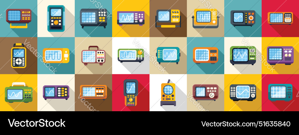 Oscillograph icons set electronic test equipment Vector Image