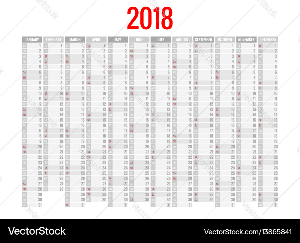 2018 Kalender Druckvorlage Woche beginnt Sonntag Vektorbild
