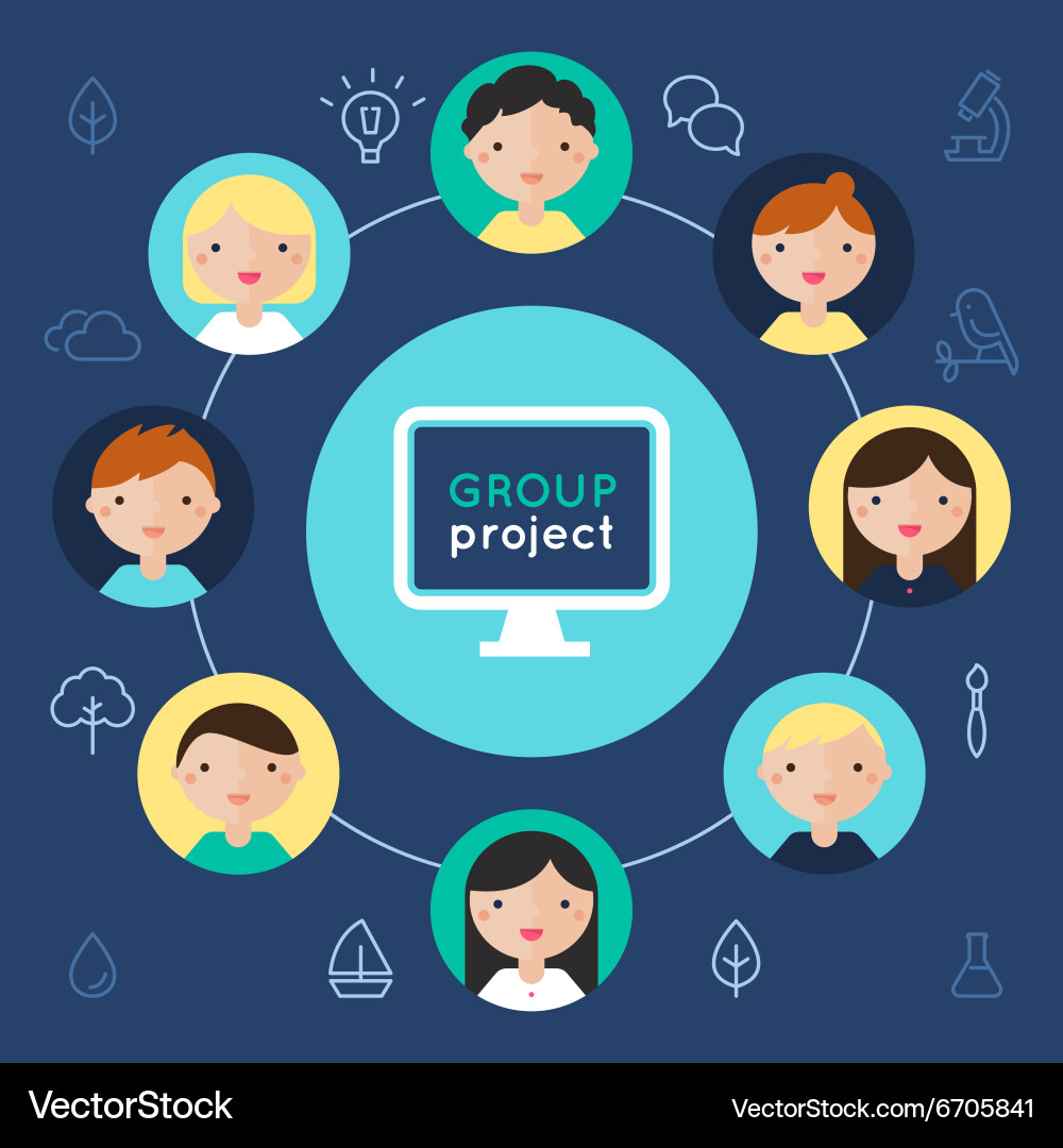 Computer and children faces group project Vector Image