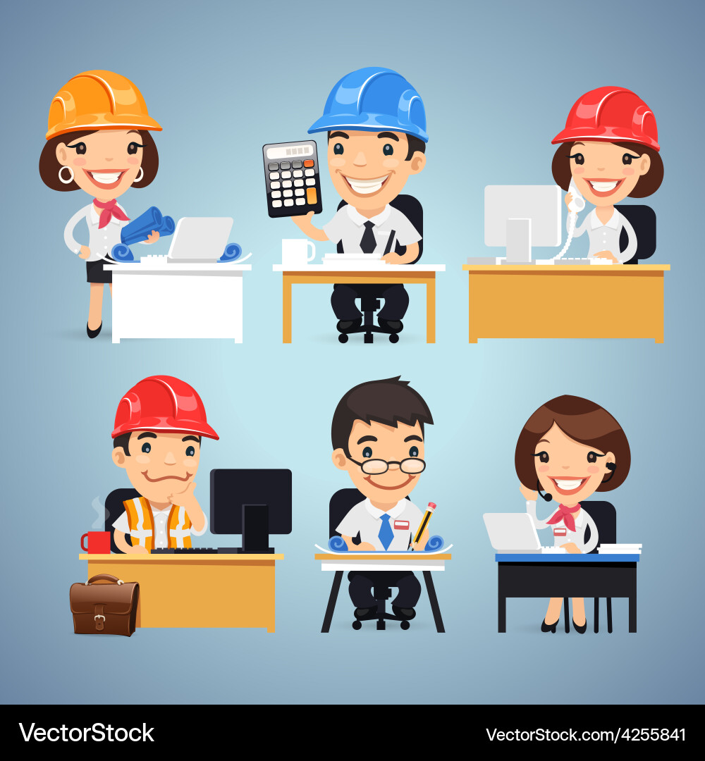 Engineers cartoon characters at the table set Vector Image