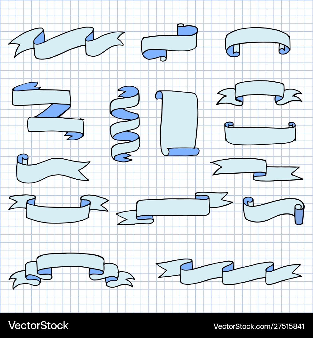 Set hand drawn doodle ribbon banner Royalty Free Vector
