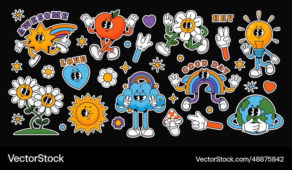 Cartoon abstract stickers retro comic character Vector Image