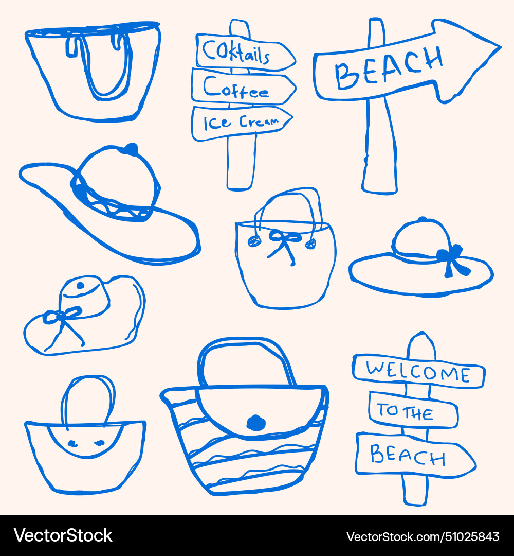 Bag and sign beach outline collection Royalty Free Vector
