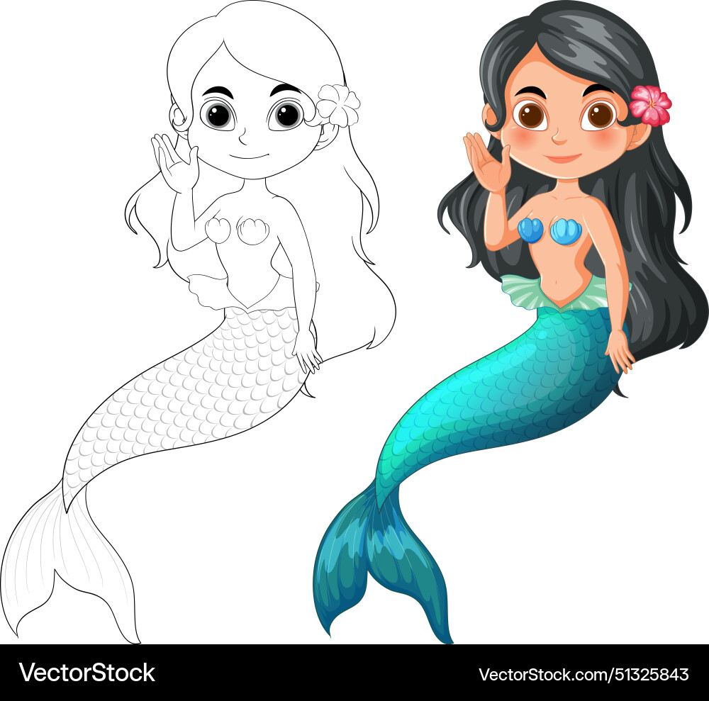 Two mermaids colored and line art Royalty Free Vector Image
