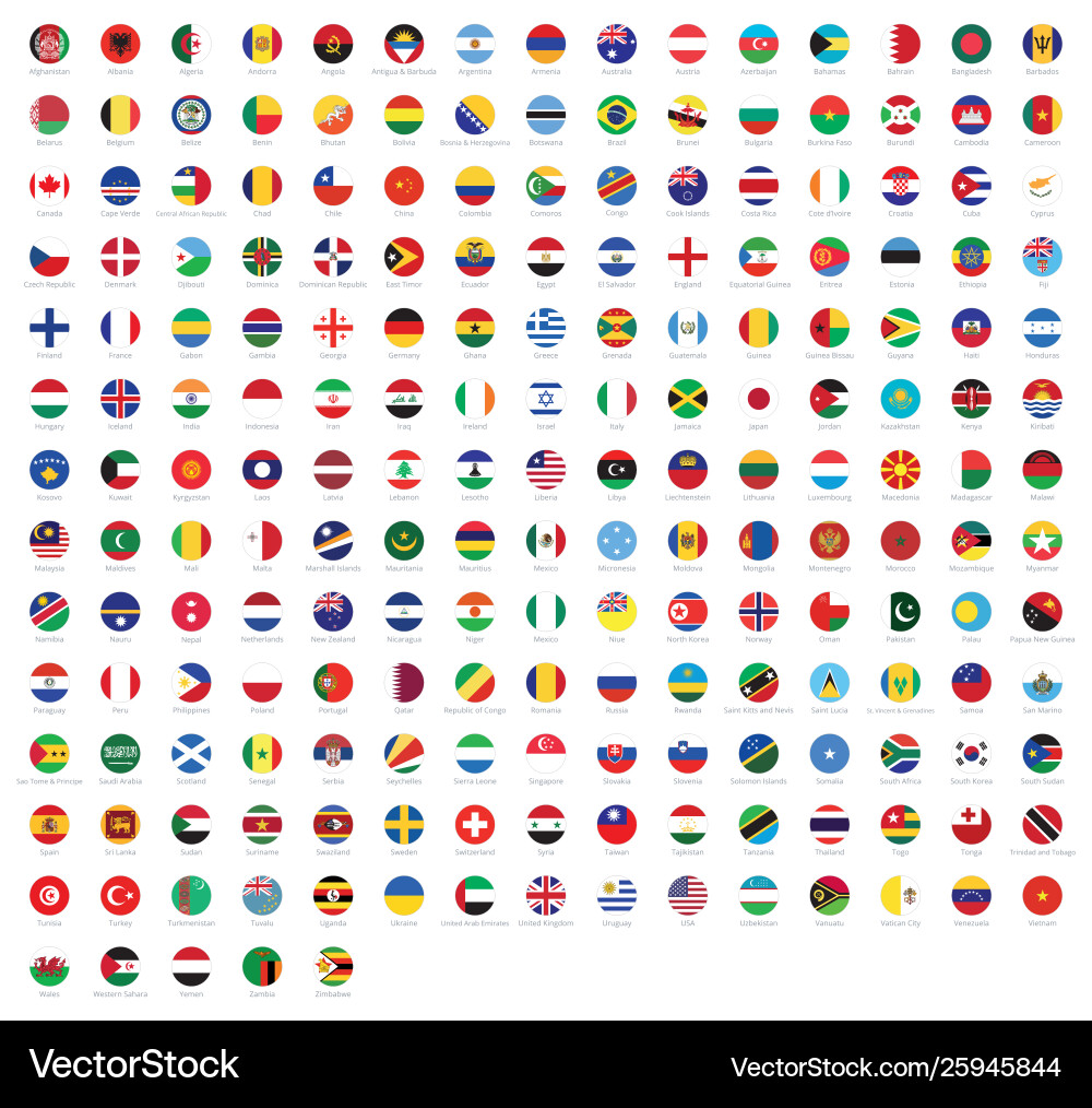 All national flags with names rounded Royalty Free Vector