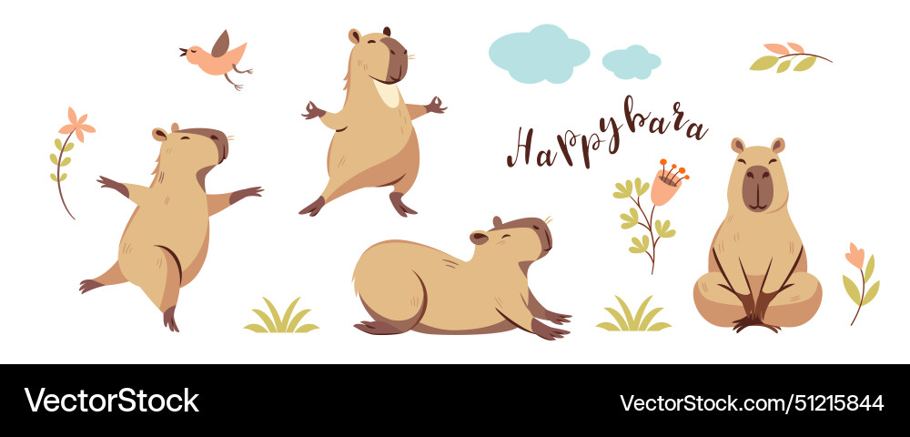 Cute capybara in various poses characters set Vector Image
