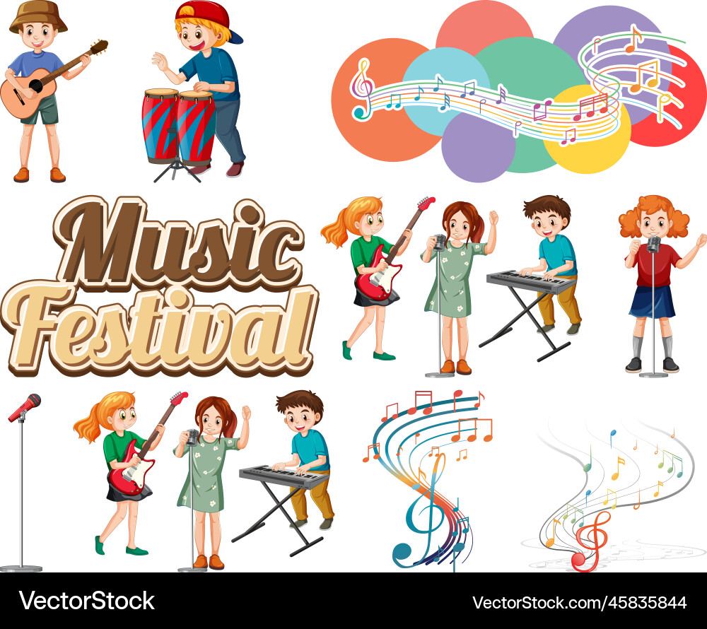 Kids musical instruments and music symbols set Vector Image