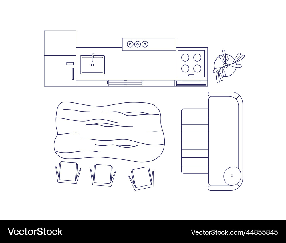 Dining table kitchen set and sofa in room top Vector Image