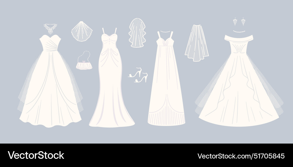 Wedding dresses and accessories isolated Vector Image
