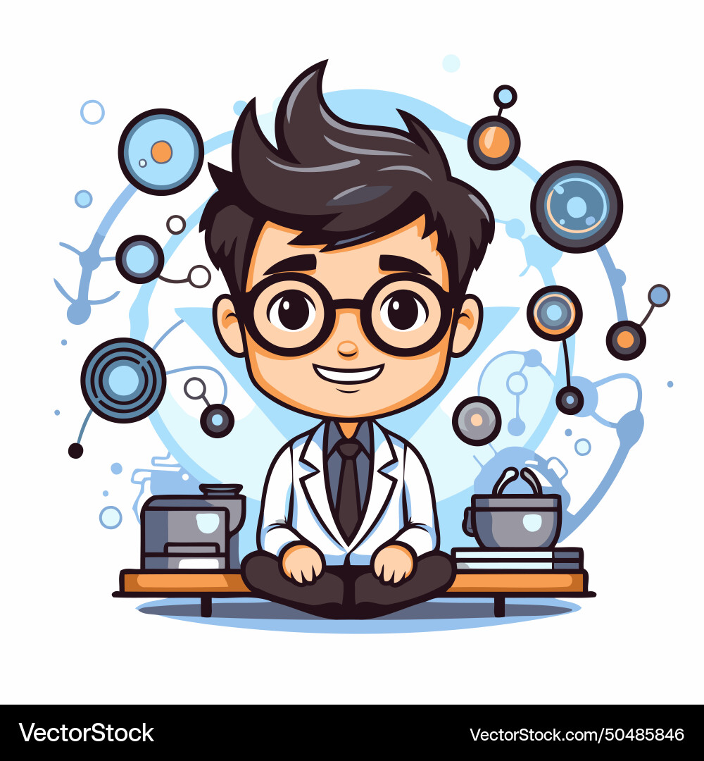 Cartoon scientist sitting on a table Royalty Free Vector