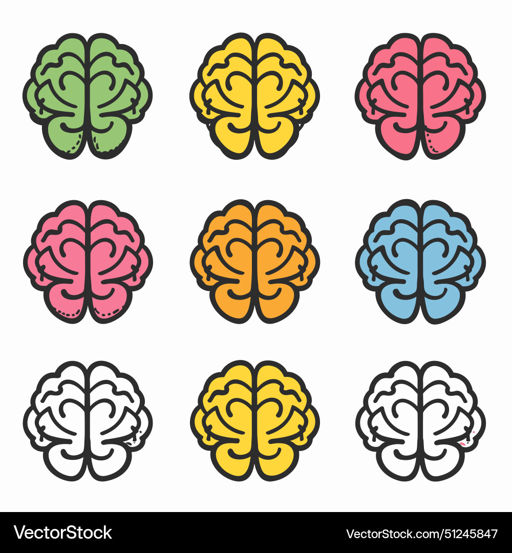 Nine colorful brain icons arranged grid different Vector Image