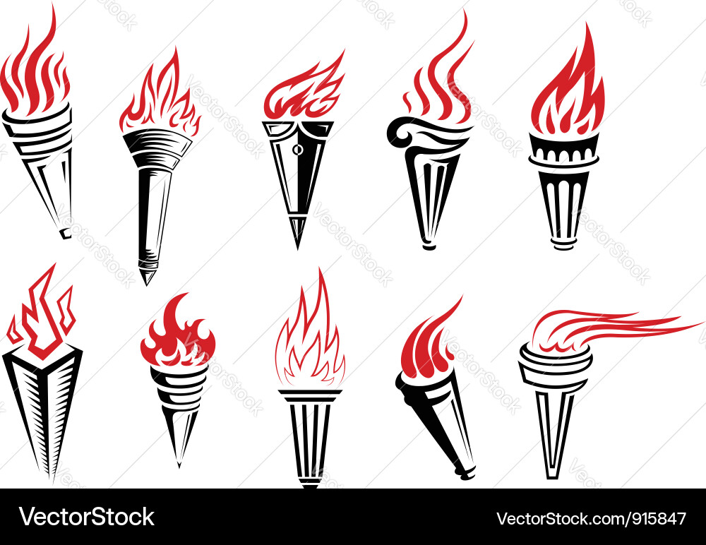 Set of burning torches with fire flames Royalty Free Vector
