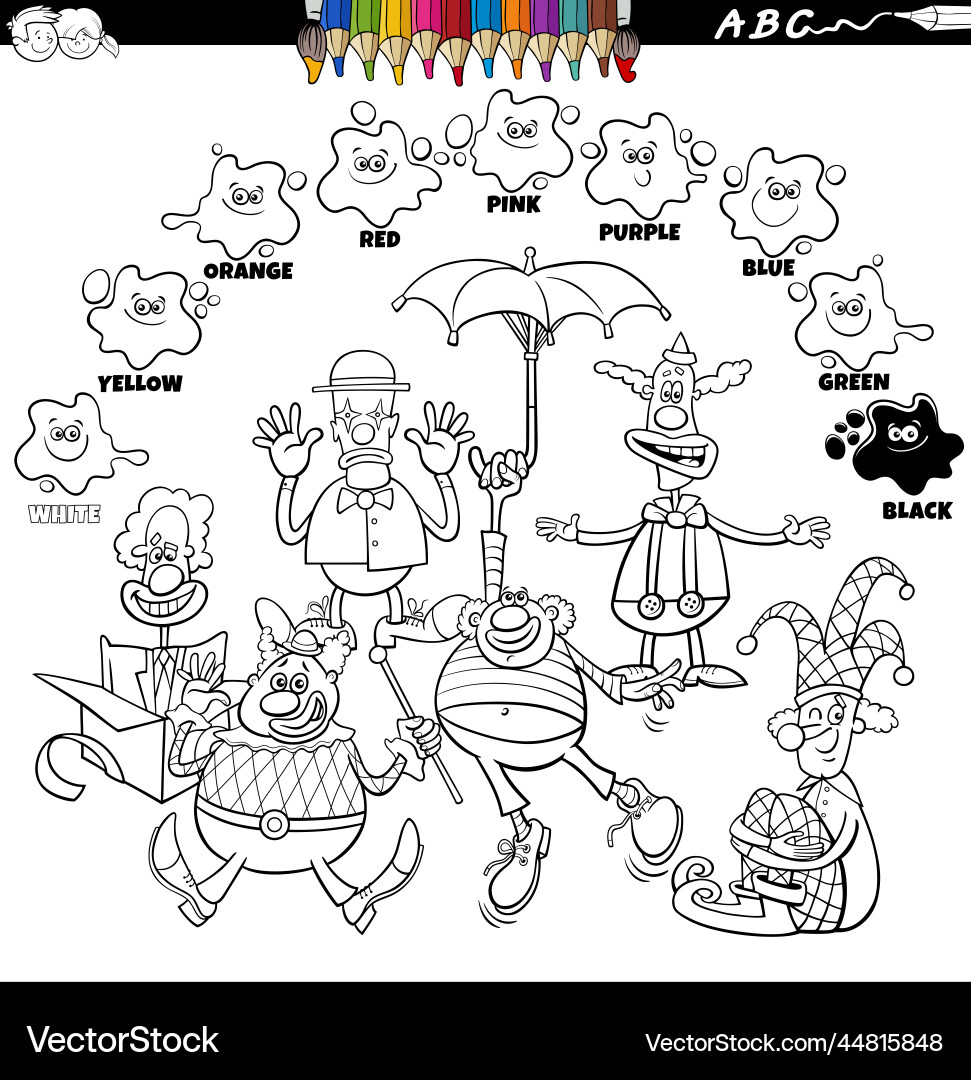 Basic colors color book with cartoon clowns Vector Image