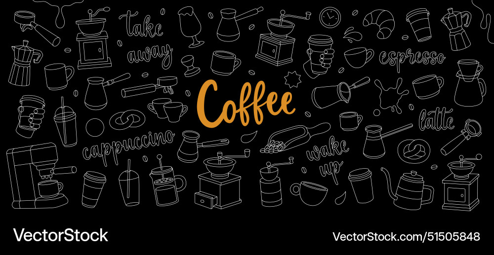 Coffee shop outline set beans drinks cups Vector Image