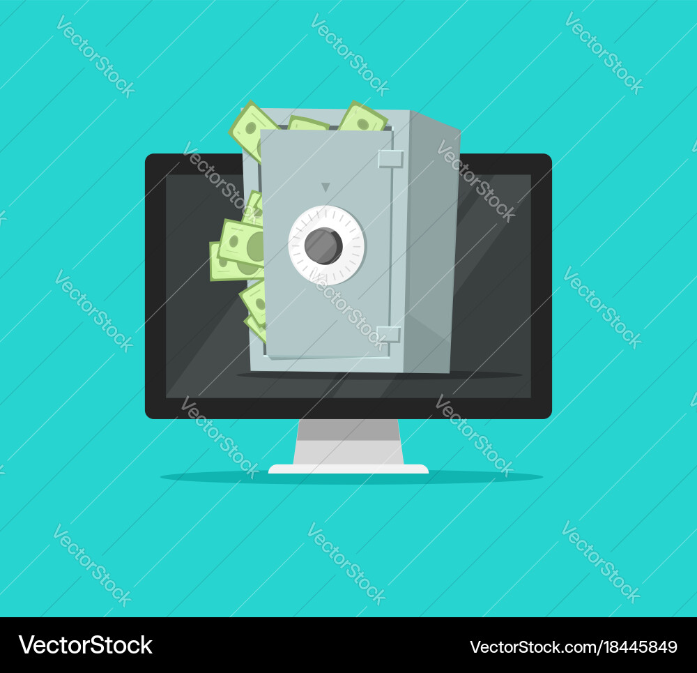 Computer with safe box full of paper money Vector Image