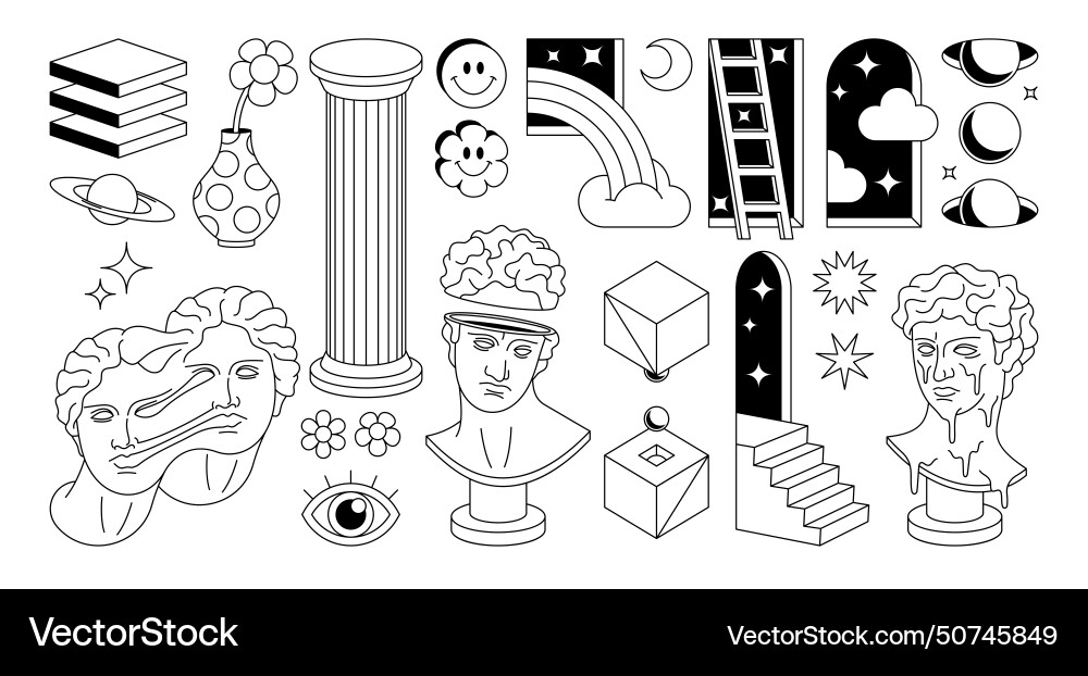 Psychedelic funny elements monochrome outline Vector Image