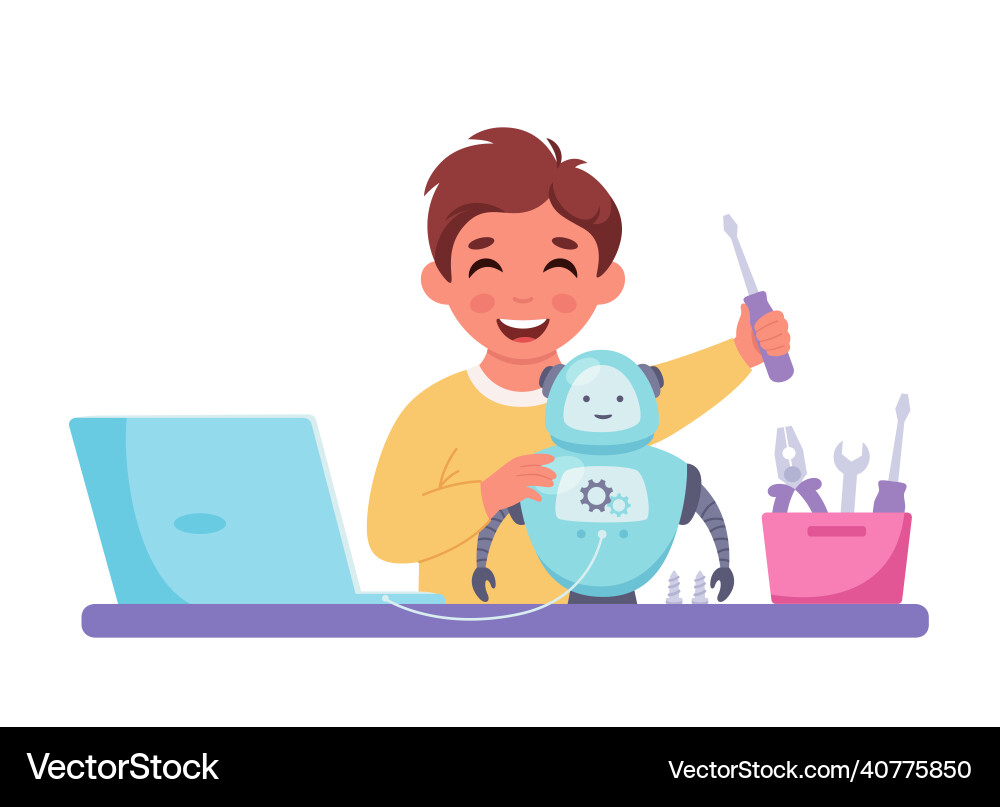 Little boy creating a robot robotics programming Vector Image