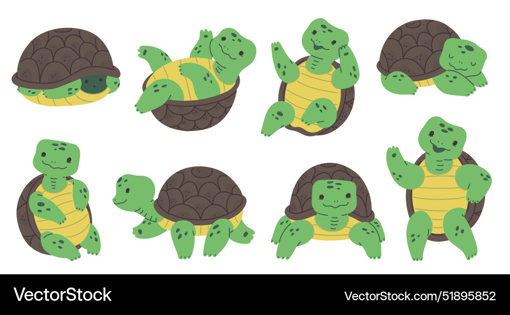 Cheerful turtles character poses set Royalty Free Vector