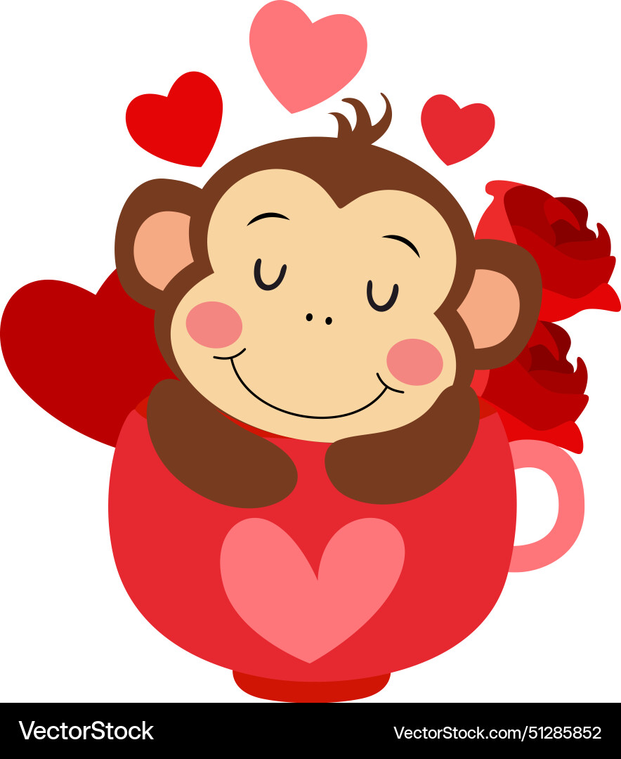 Cute valentine monkey inside red love cup Vector Image