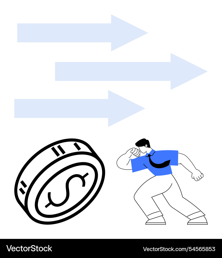 Man pushing giant dollar coin upward with three Vector Image