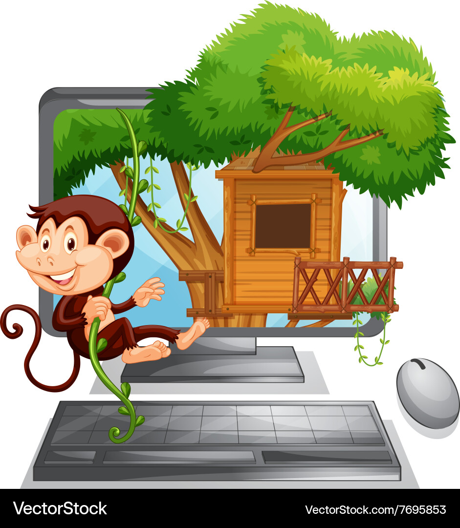 Monkey on Computer Treehouse Royalty Free Vector Image
