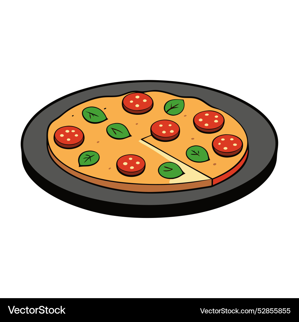 A pizza with tomatoes on black plate Royalty Free Vector
